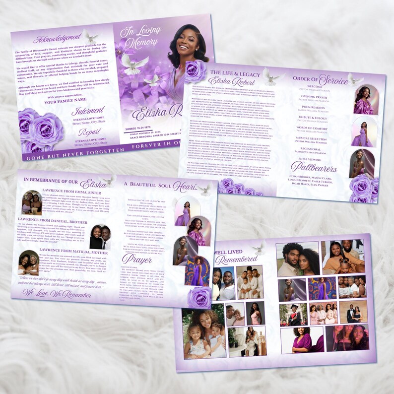 Purple Roses Funeral Program Template: 8-page Memorial, Celebration of ...