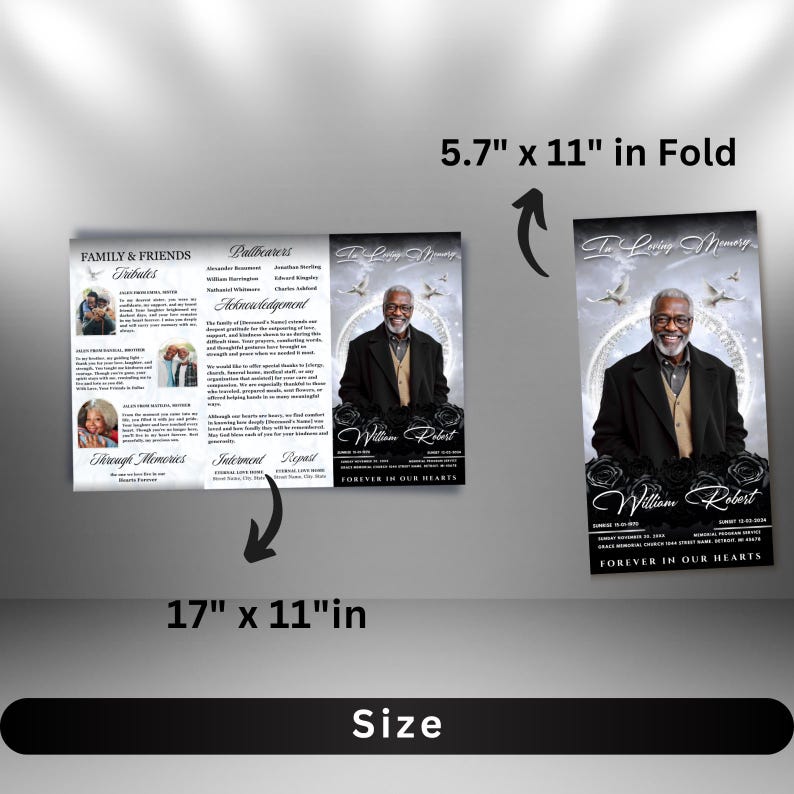Black Roses Funeral Program: Trifold Memorial Template (17x11 Canva ...