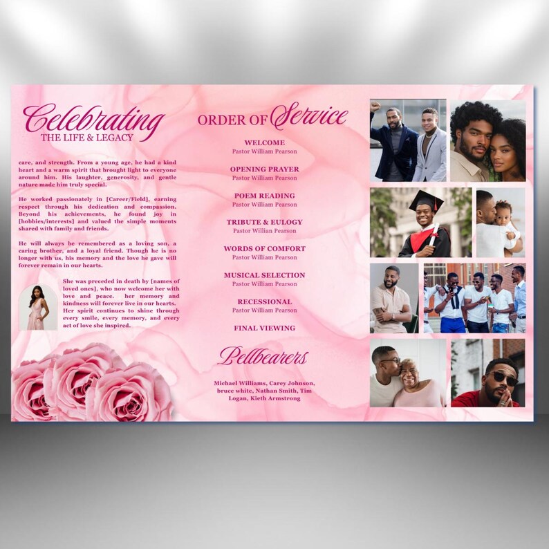 Pink Roses Funeral Program Trifold Memorial Template 17x11 Canva