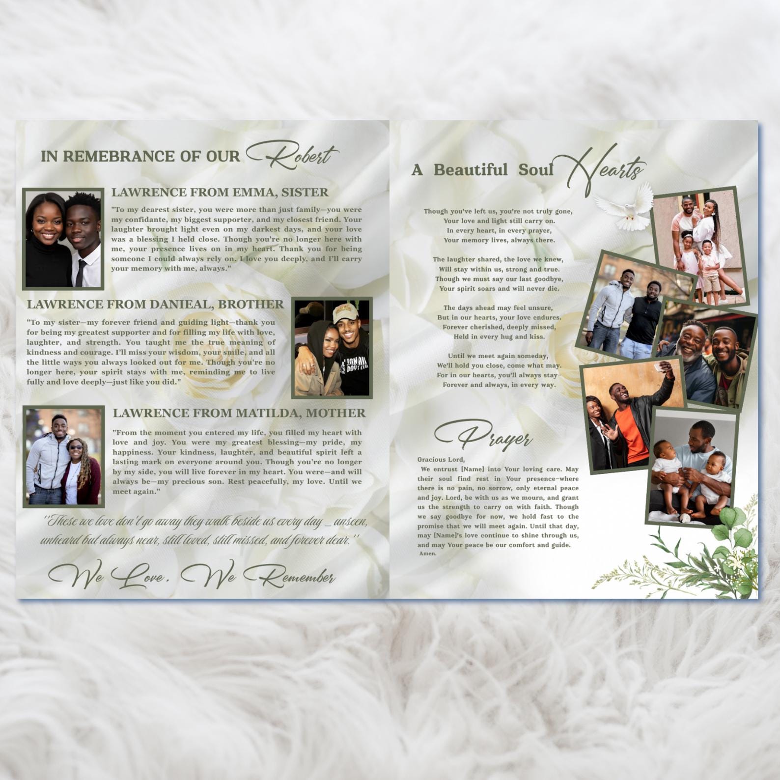 White & Green Funeral Program Template: Roses Design, Celebration of ...