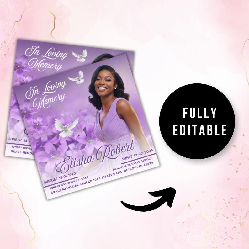 Purple Rose Funeral Announcement Flyer: Celebration of Life (canva ...