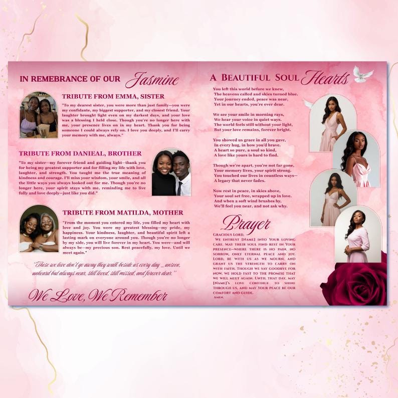 Red Roses Funeral Program Template: 8-page Memorial, Celebration of ...