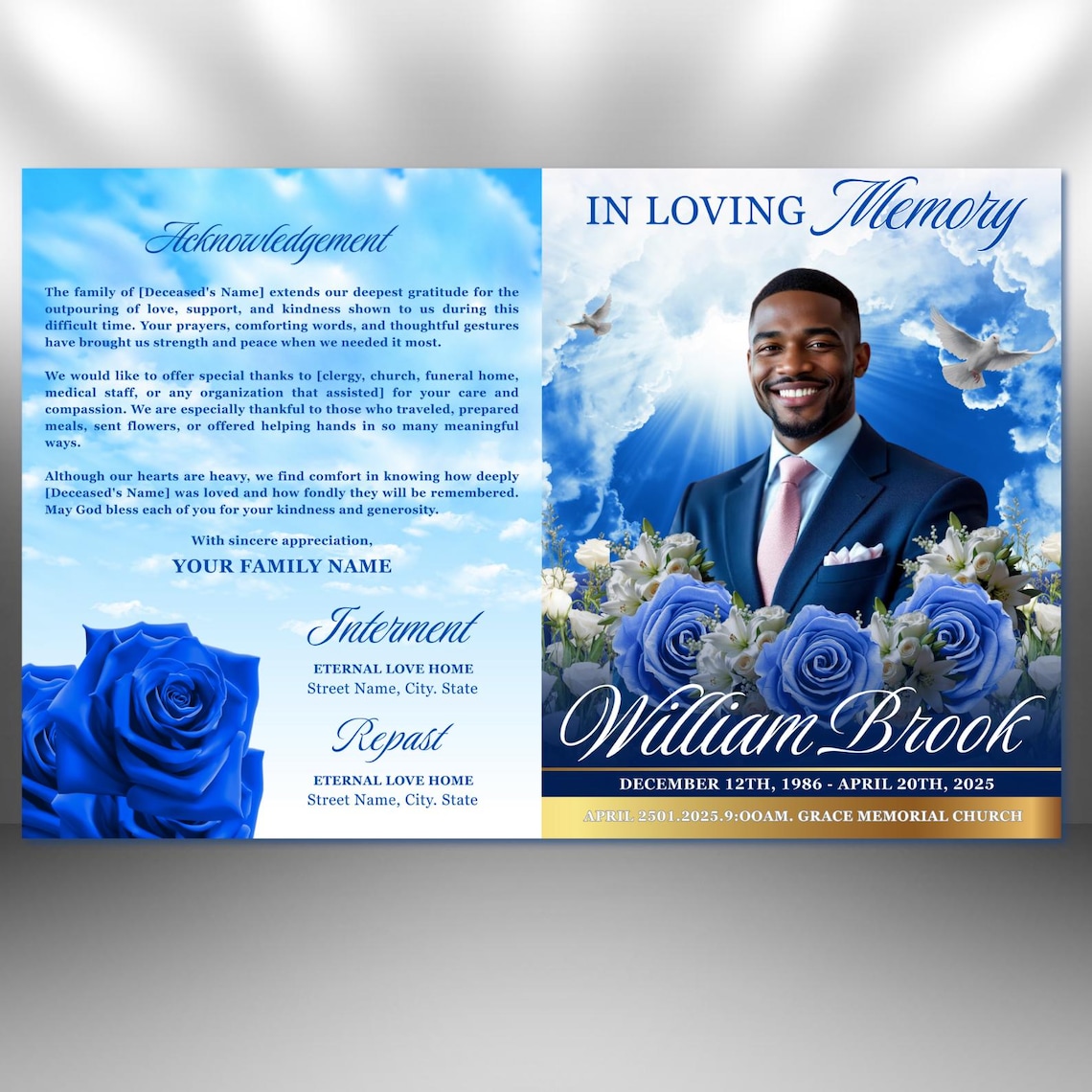 Blue Funeral Program Template: 8-page Memorial, Celebration of Life ...