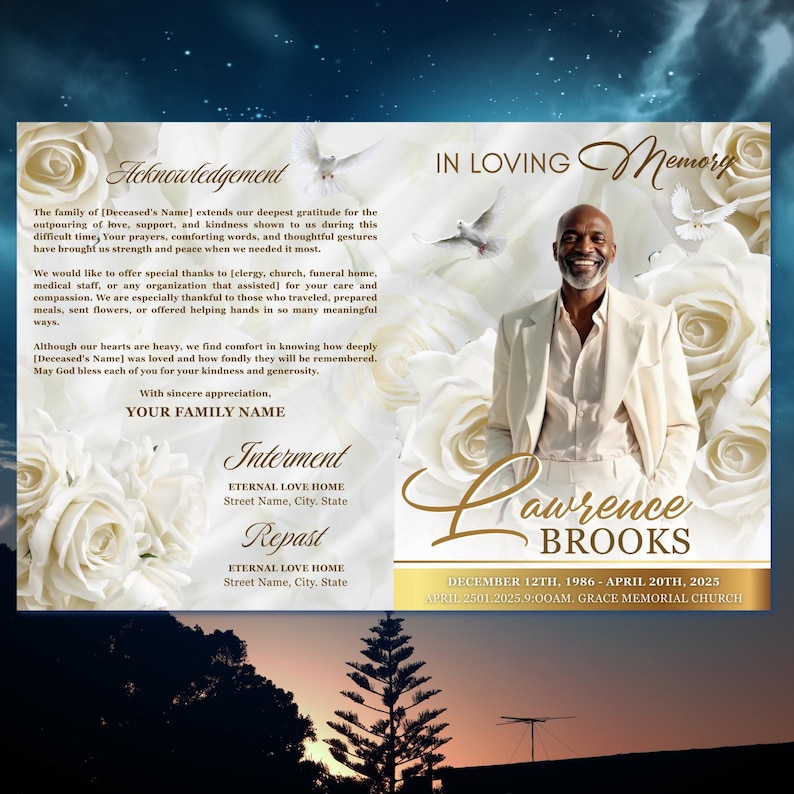 White Roses Funeral Program Template: 8-page Memorial, Celebration of ...