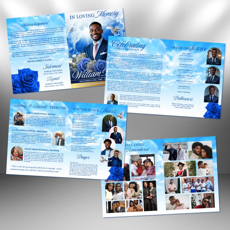 Blue Funeral Program Template: 8-page Memorial, Celebration of Life ...