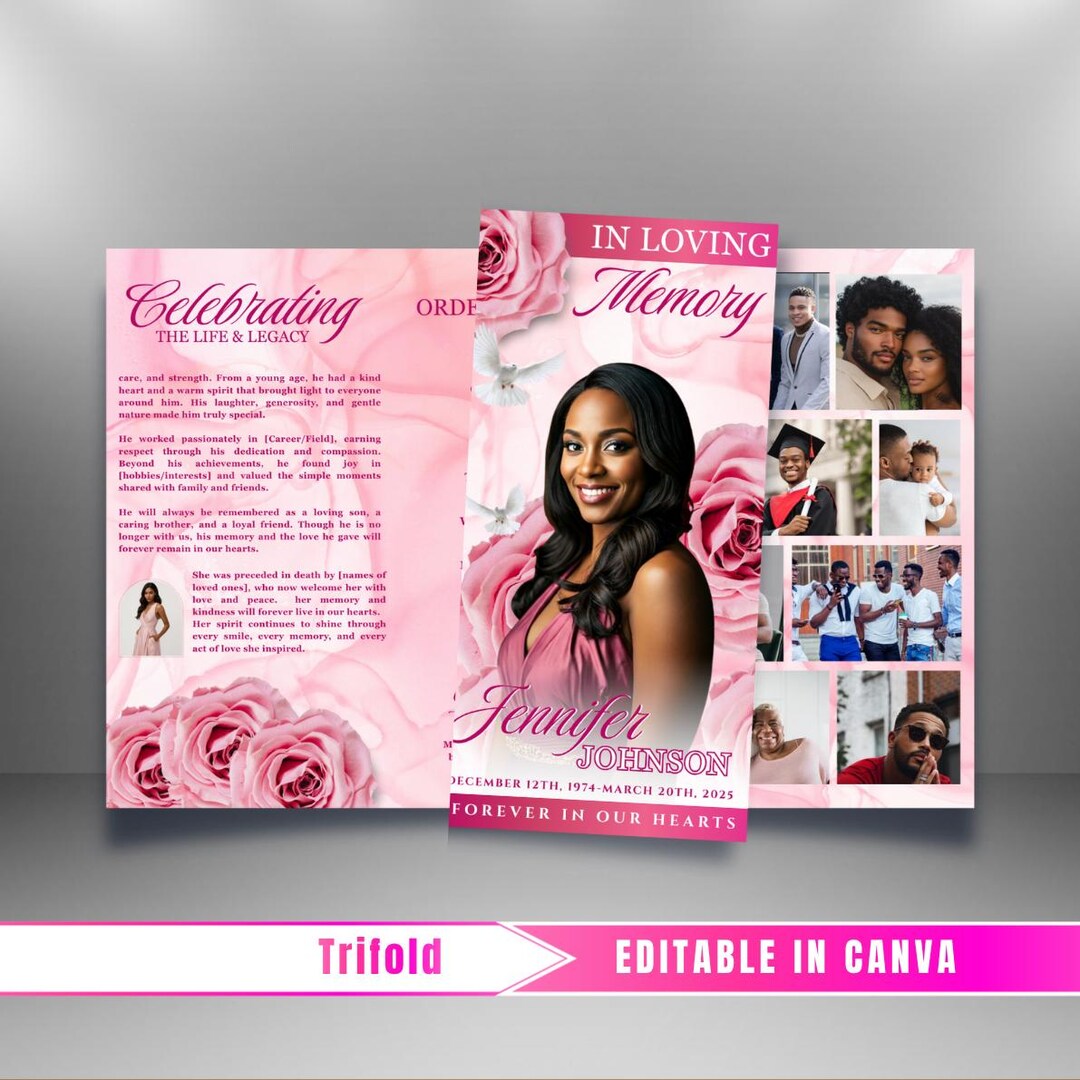 Pink Roses Funeral Program Trifold Memorial Template 17x11 Canva