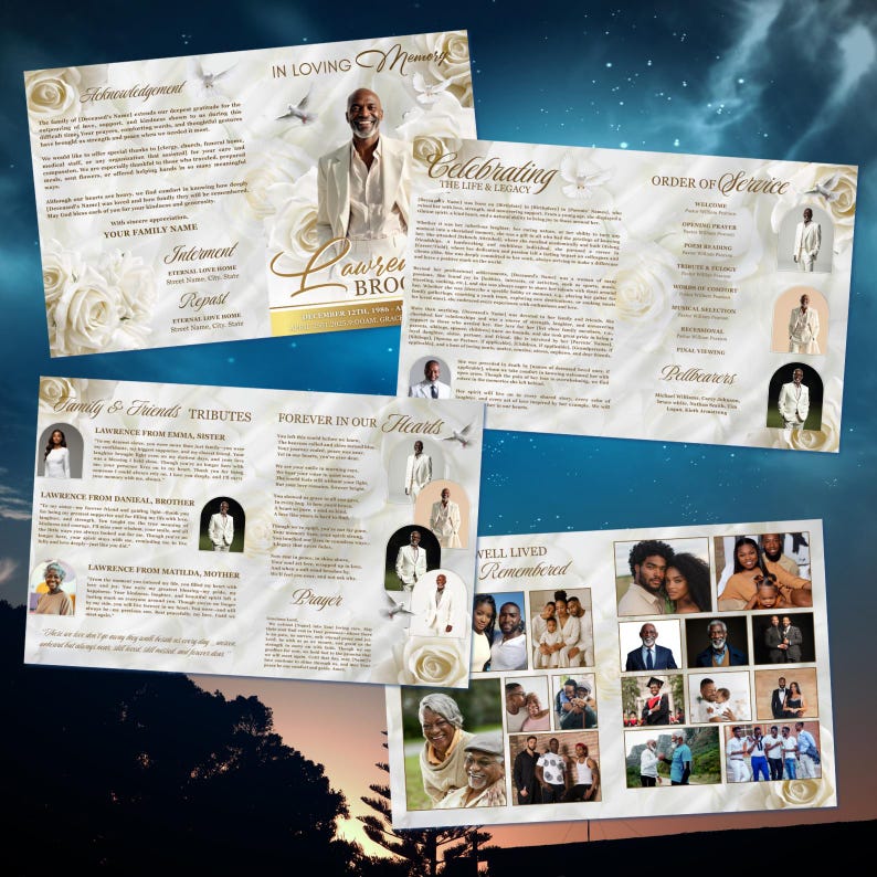 White Roses Funeral Program Template: 8-page Memorial, Celebration of ...