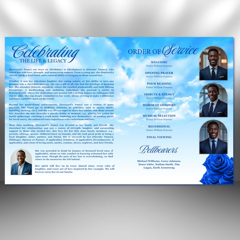 Blue Funeral Program Template: 8-page Memorial, Celebration of Life ...