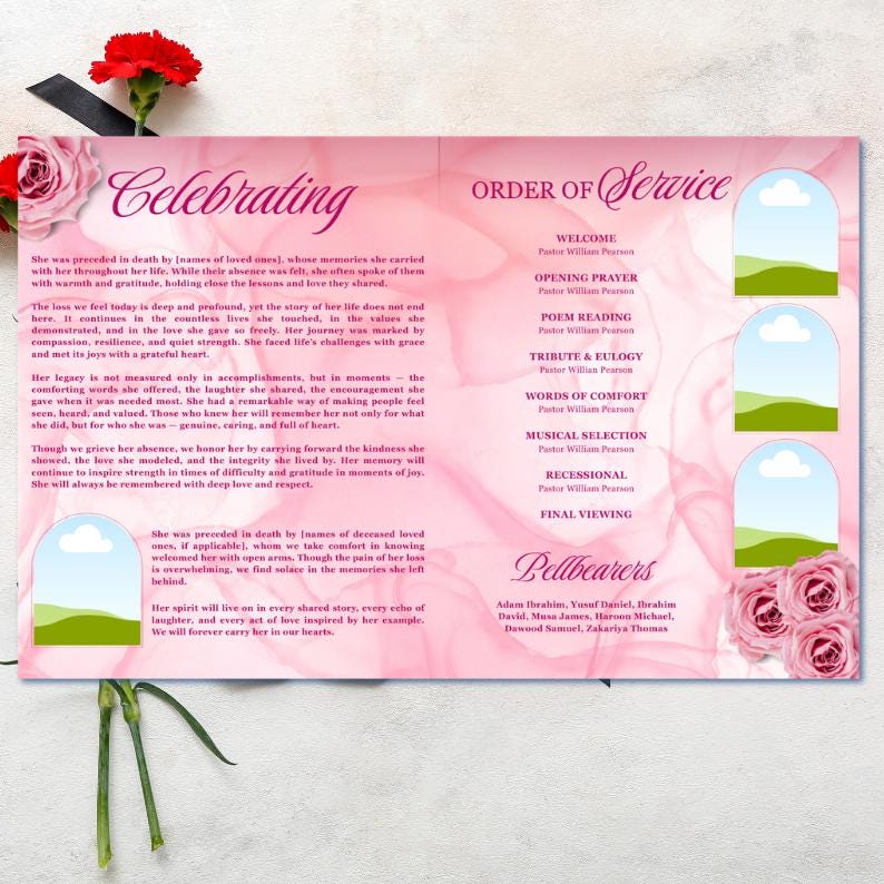 Pink Roses Funeral Program Template: 8-page Memorial, Celebration of ...