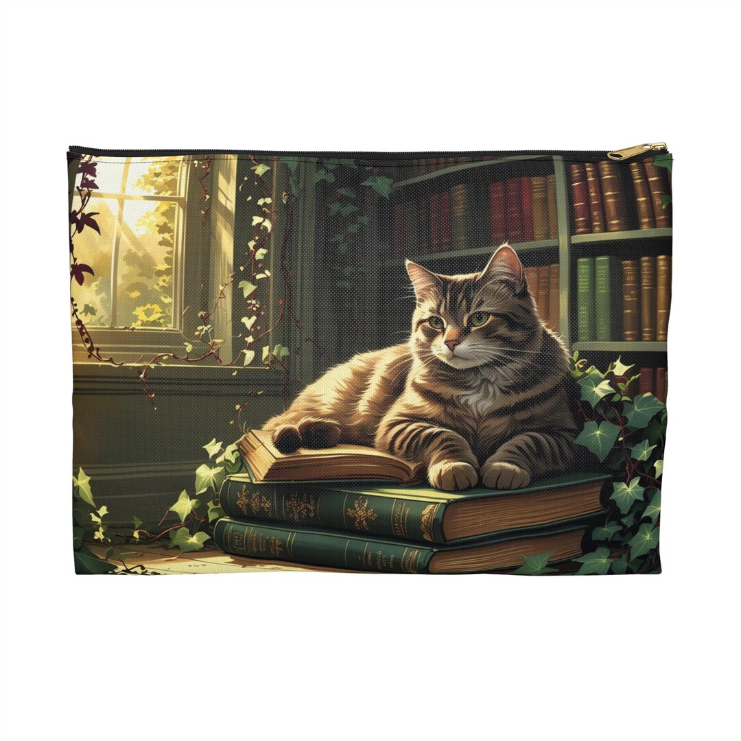 Library Tabby Cat Accessory Pouch - Everyday Organizer - Gift for Book ...
