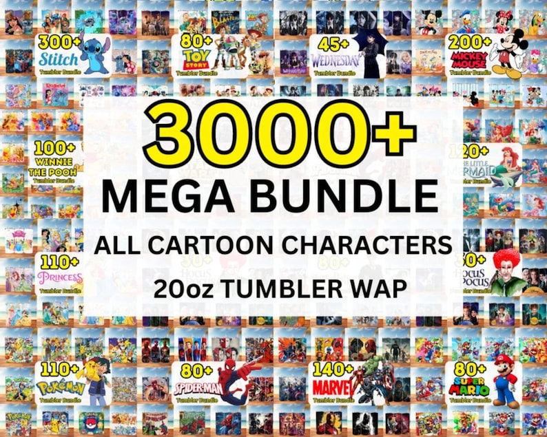 3000+ 20oz Cartoon Tumbler Bundle, All Cartoons Character Sublimation ...