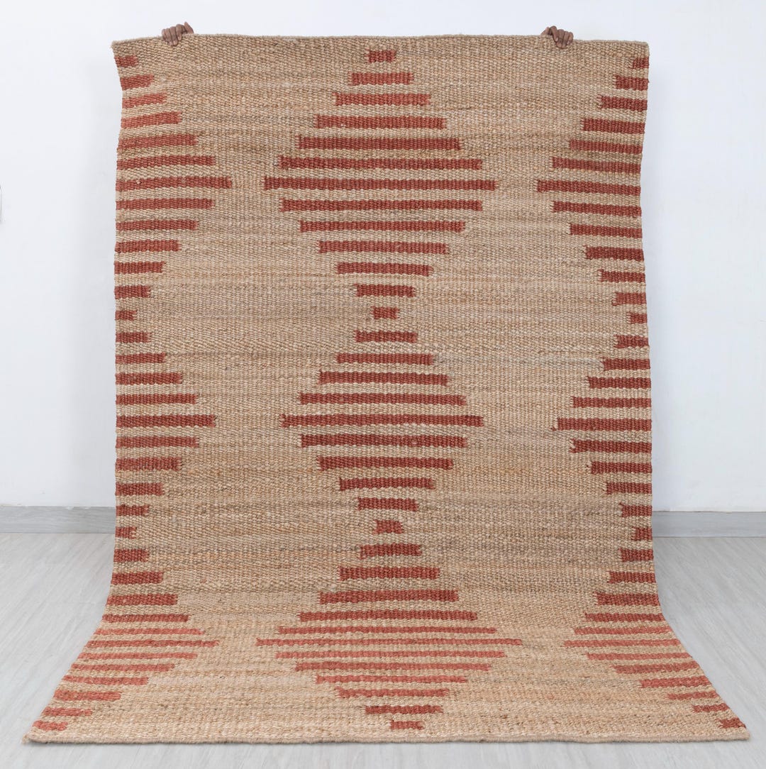 Hand Woven Jute Rug, Red Diamond Pattern, Boho Scandinavian Decor - Etsy