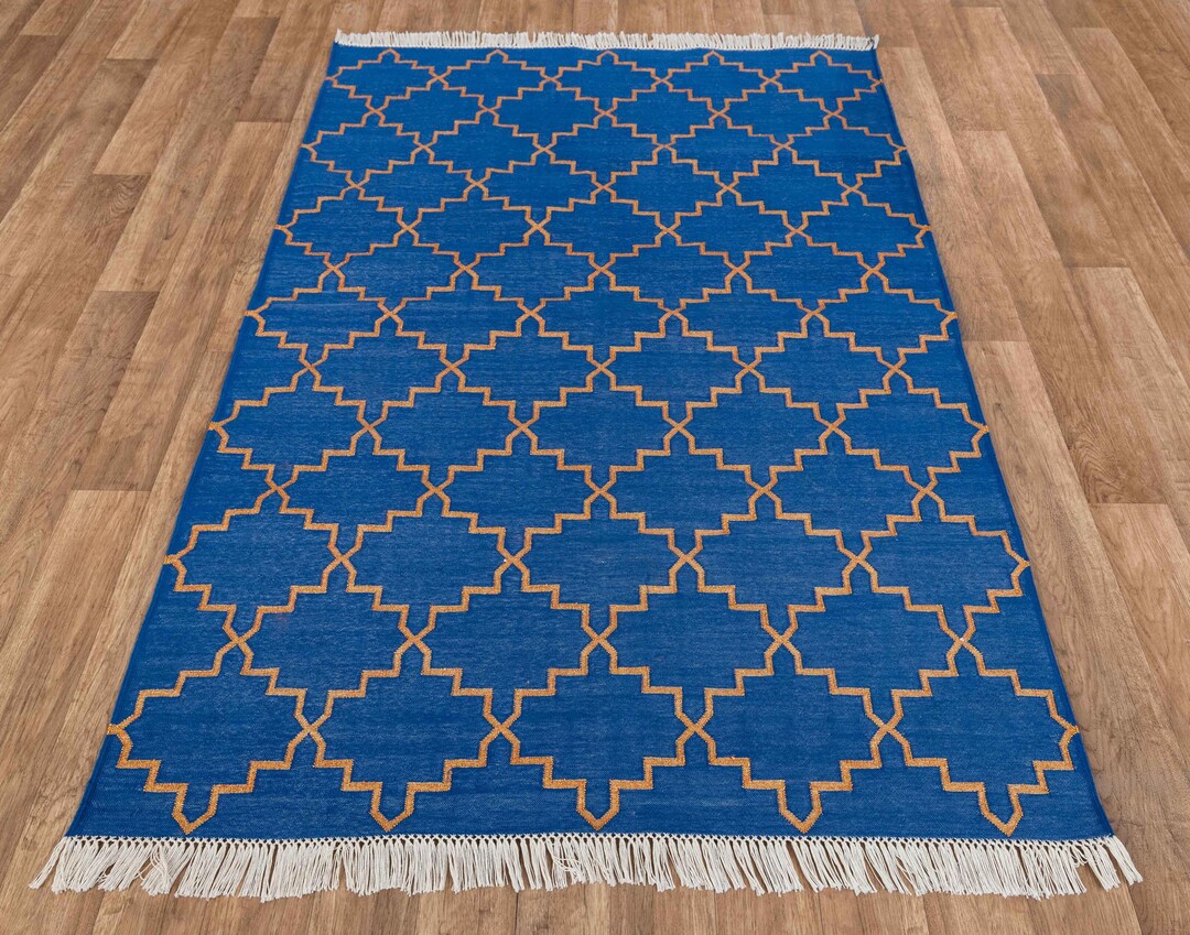 4x6 Blue & Gold Diamond Geometric Flatweave Rug – Hand-woven High ...