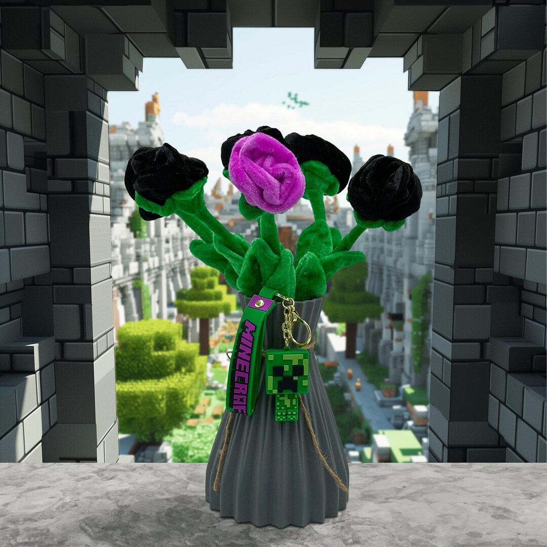 Minecraft Creeper Plush Floral Bouquet in A Gray Vase, Gaming ...