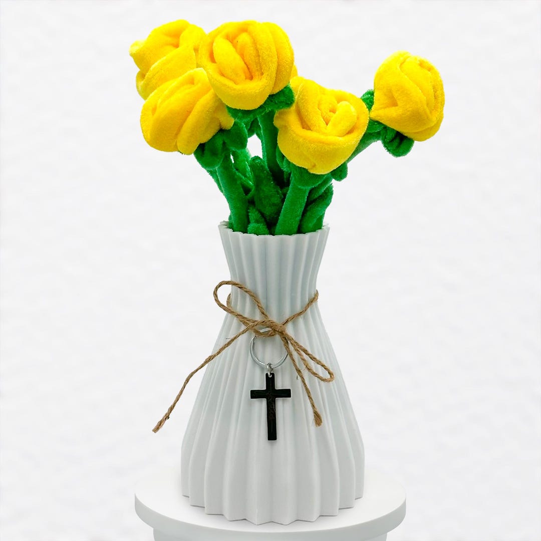 Christian Plush Floral Bouquet, Silver Cross, Jesus Flowers, White Vase ...