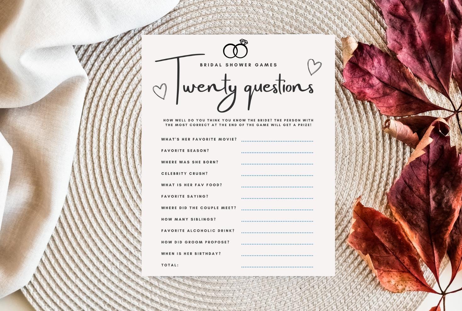 Twenty Questions Bridal Shower Game | Bridal Shower Game Template ...