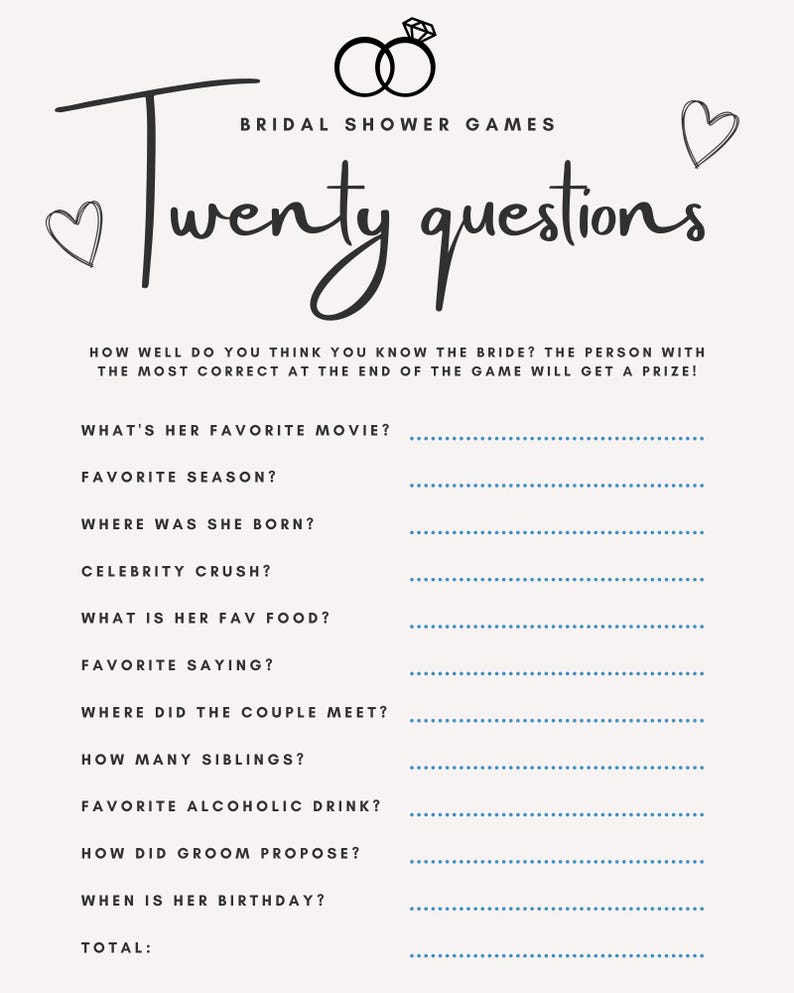 Twenty Questions Bridal Shower Game | Bridal Shower Game Template ...