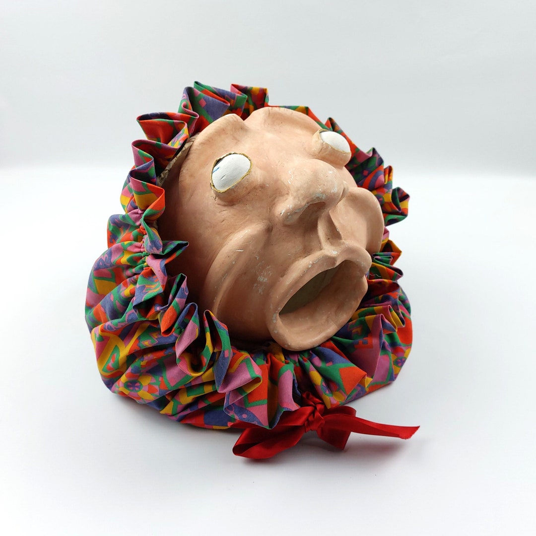 Vintage Paper Mache Face Sculpture With Colorful Fabric Collar Large - Etsy