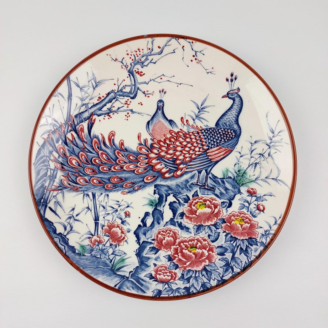 Vintage Japanese Peacock Plate - Hand-painted Ceramic Wall Art - Large ...