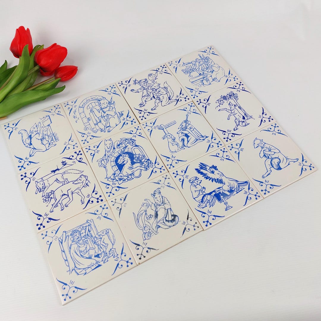 Reynard the Fox Delft Tiles Set – 12 Vintage Blue & White Wall Art ...