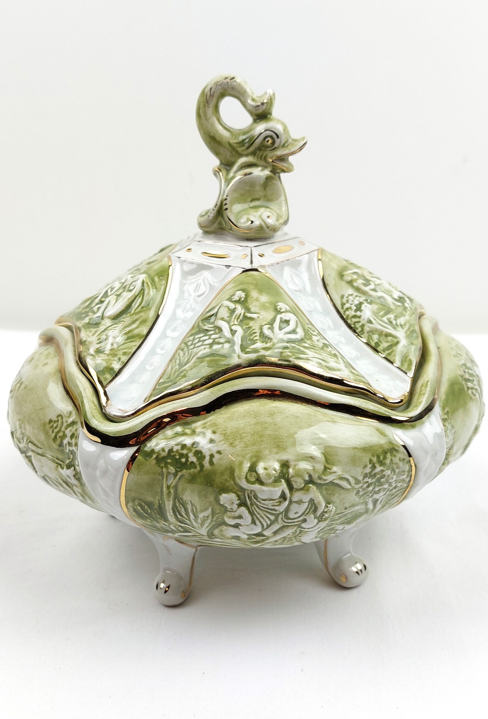 Italian Capodimonte Green Footed Candy Dish With Dolphin Lid - Etsy