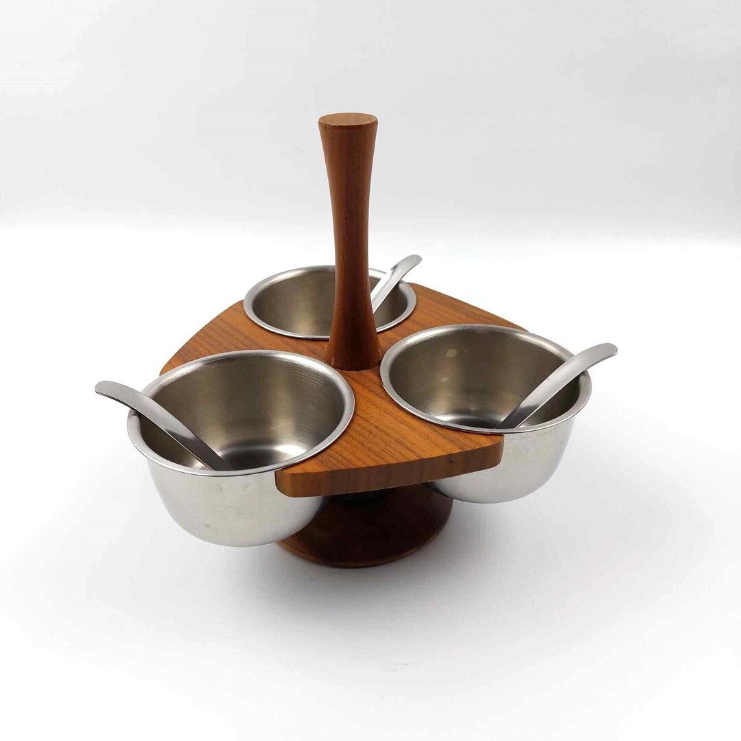 Vintage Mid Century Wooden Condiment Server Set With 3 Metal Bowls and ...