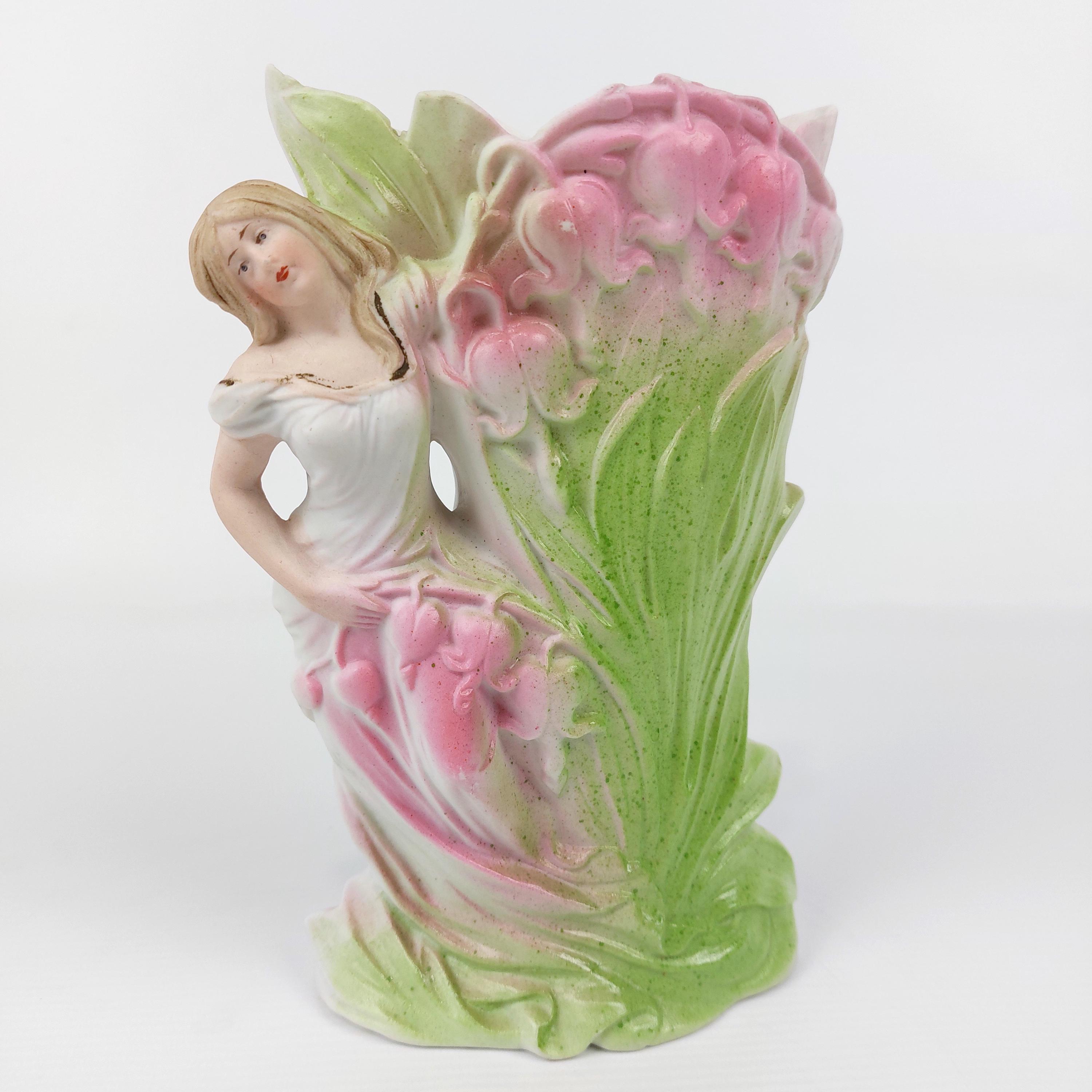 Gebruder Heubach Art Nouveau Vase: Bisque Porcelain Woman With Flowers ...