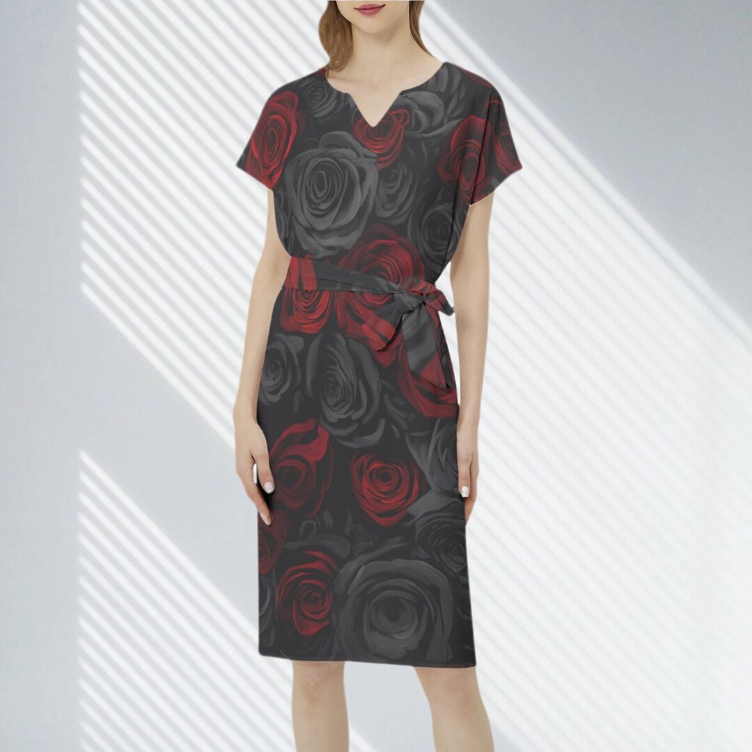 Black and Red Roses Dress Floral Print Midi Dress Elegant Vintage Style ...