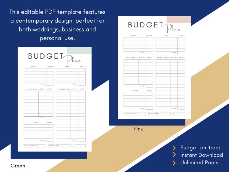 Single Page Budget Planner, Editable PDF, Instant Download, 5 Sections ...