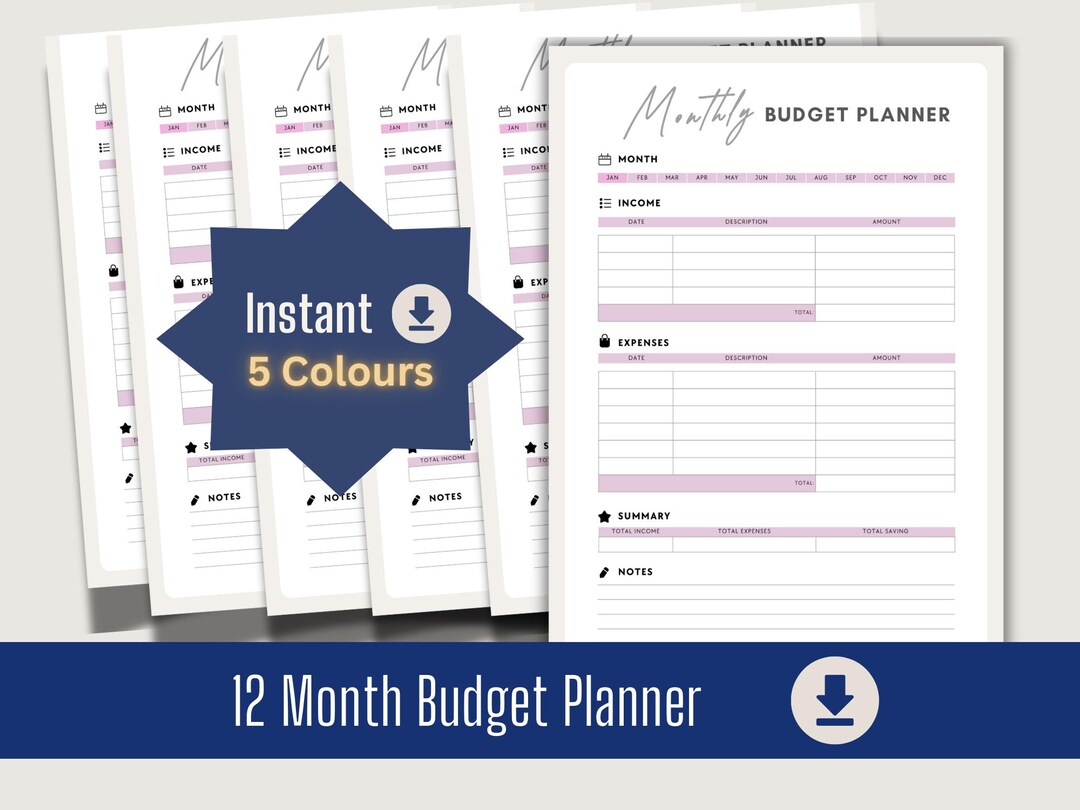 12 Monthly Budget Planner, Editable PDF, Printable, 5 Colour Schemes ...