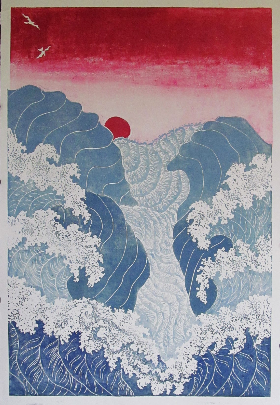 Waterfall Limited Edition Color Linoleum Block Print Hand - Etsy