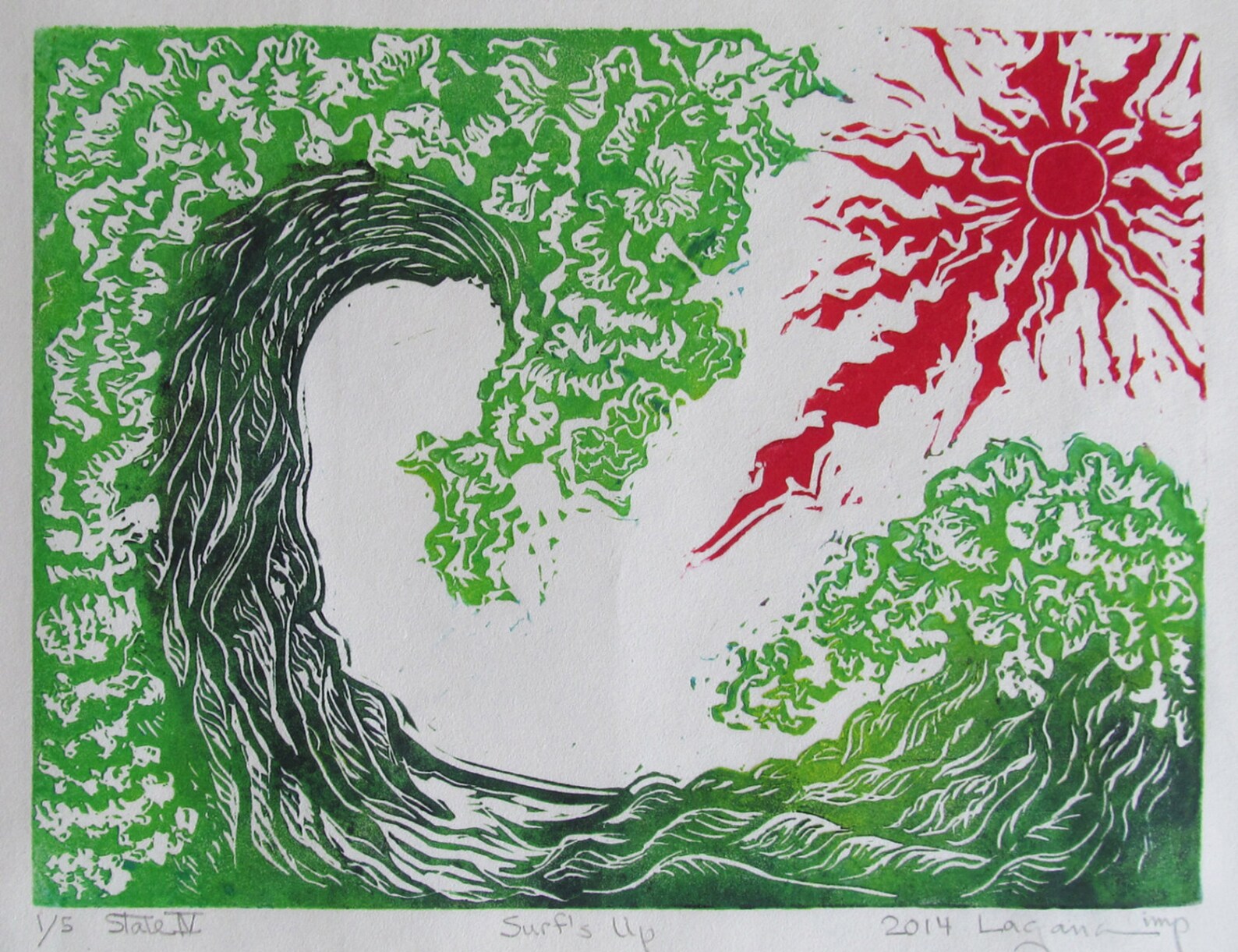 Surf's Up, Limited Edition, Color Linoleum Block Print, Hand Printed ...