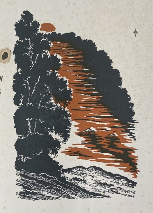 Waterfall Color Linoleum Block Print With Watercolor Printed - Etsy