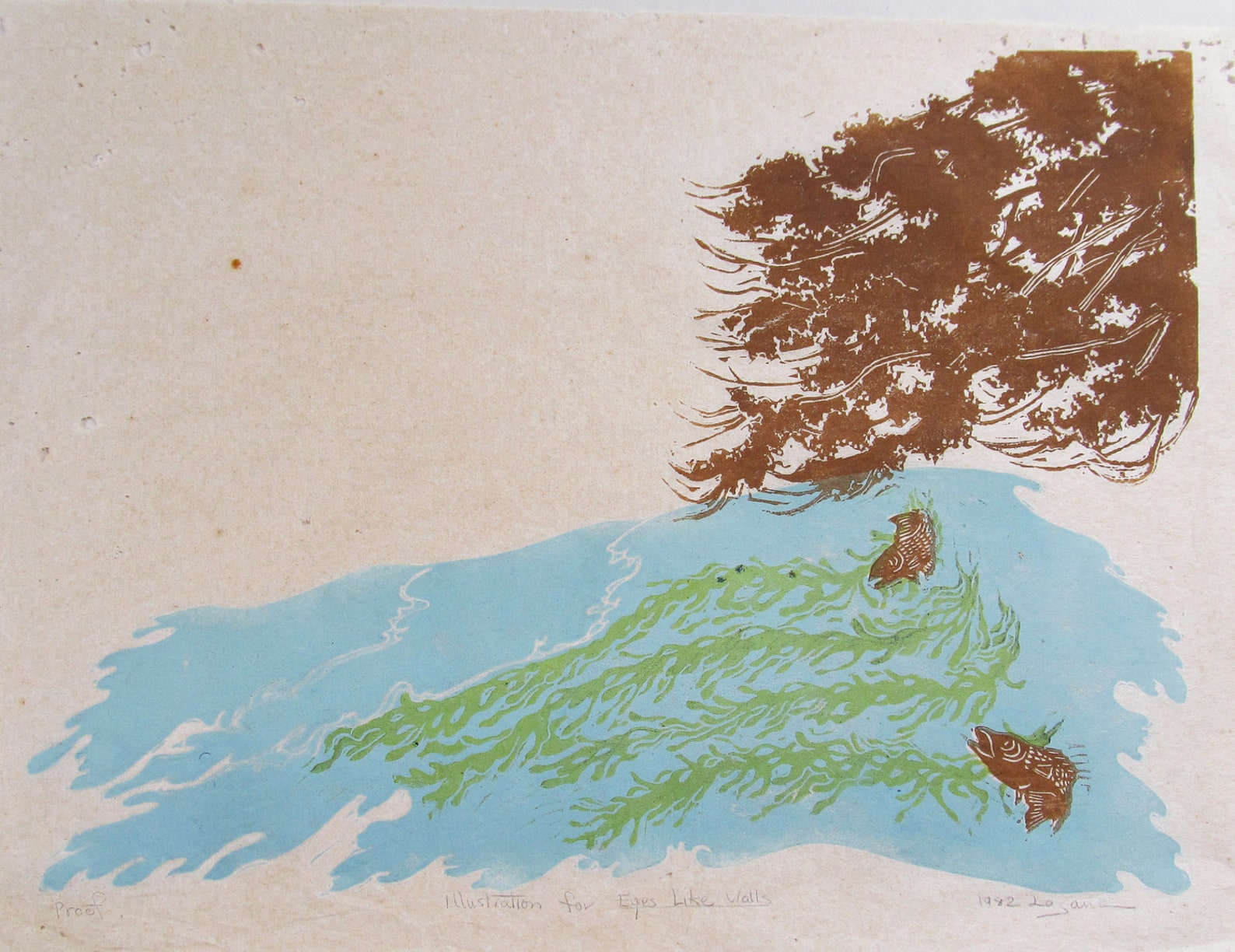 Waterfall, Color Linoleum Block Print, a Proof, Printed and Signed by ...