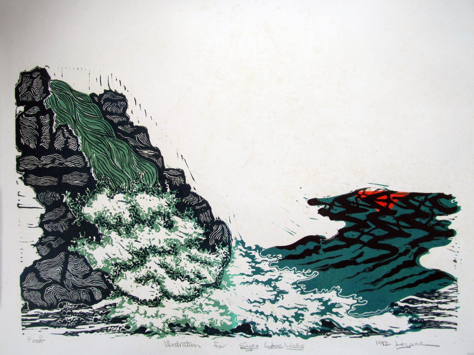 Waterfall, Color Linoleum Block Print, a Proof, Printed and Signed by ...