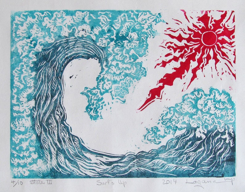 Waterfall Limited Edition Color Linoleum Block Print Hand - Etsy