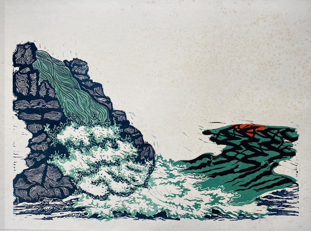 Waterfall, Color Linoleum Block Print, a Proof, Printed and Signed by ...