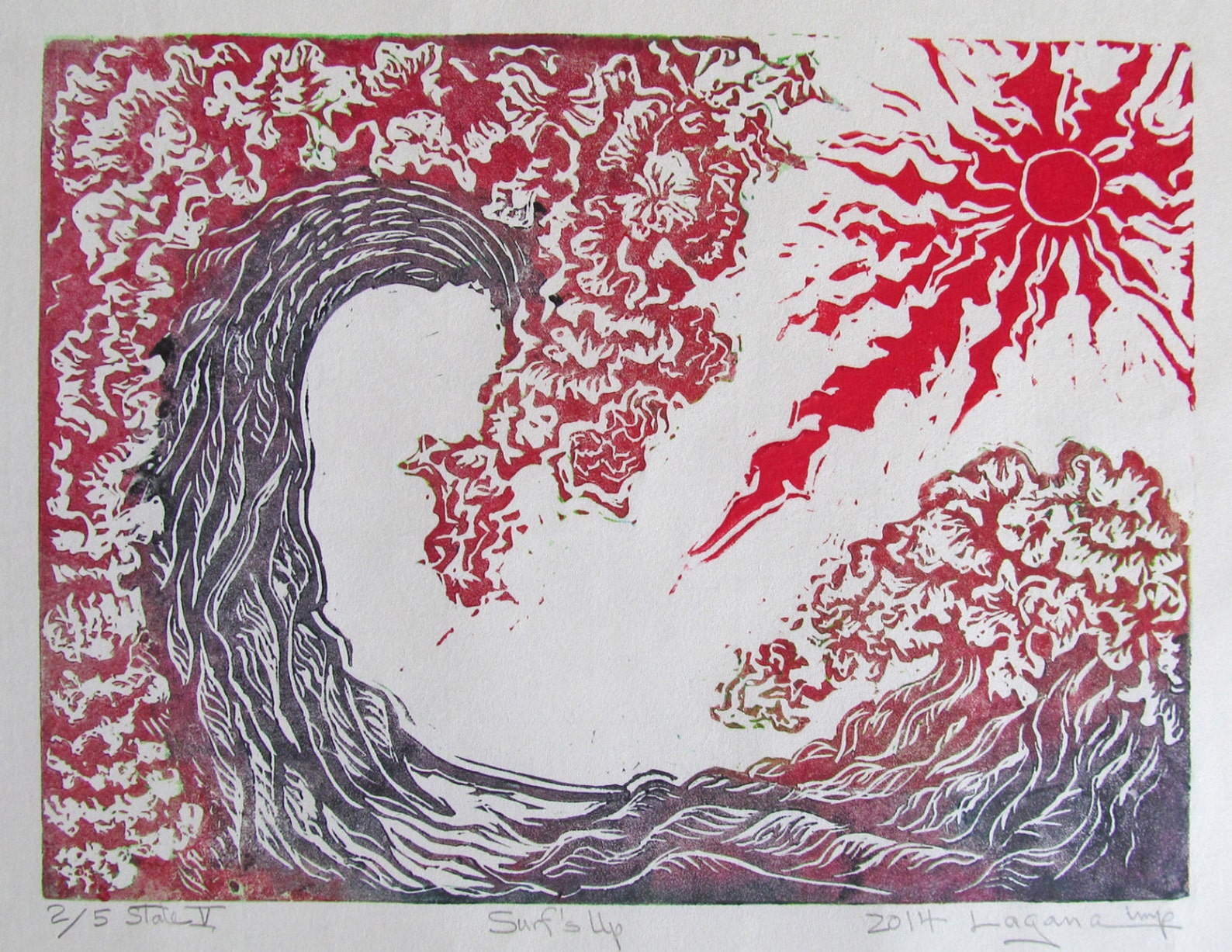 Surf's Up, Limited Edition, Color Linoleum Block Print, Hand Printed ...