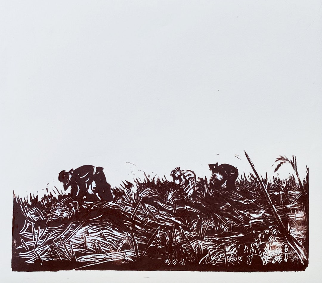 Reaping Rice, Limited Edition Lino Cut, Hand Printed, Hand Signed in ...