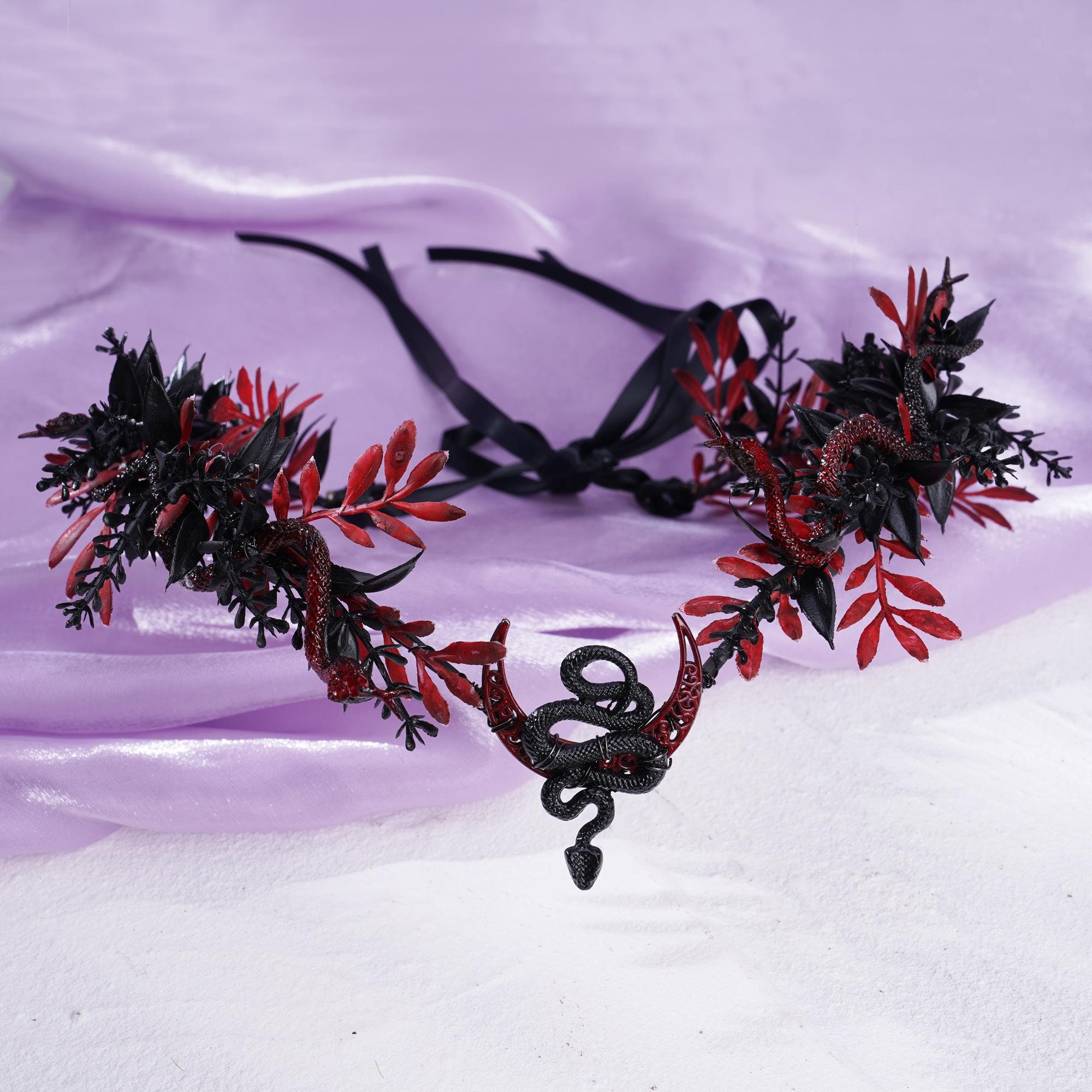 Witch Snake Crown, Gothic Medusa Black Red Leaf Dark Fairy Tiara ...