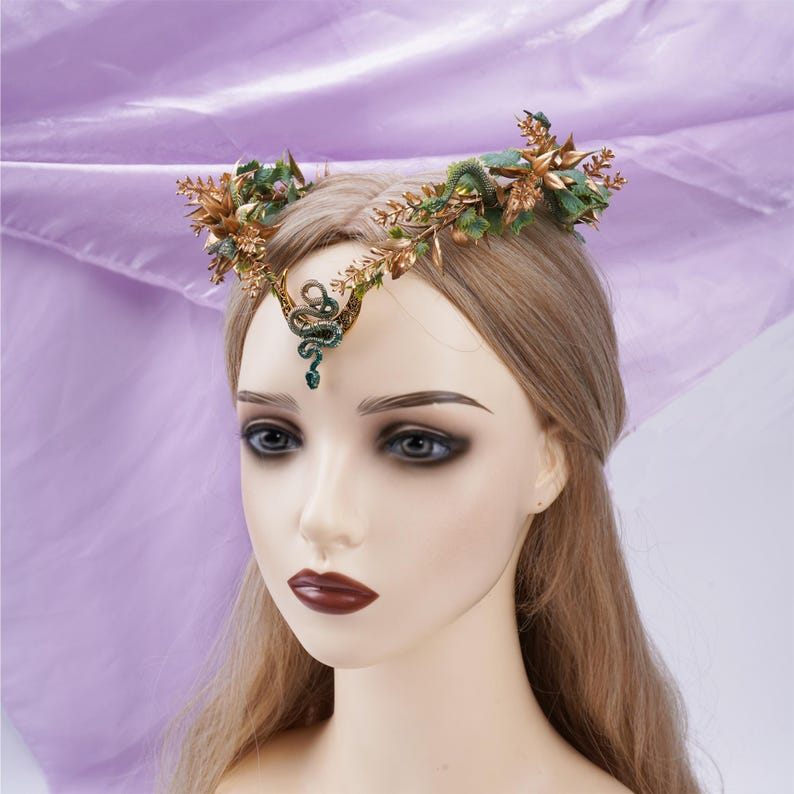 Medusa Snake Crown: Gothic Gold Moon, Green Leaf Tiara - Etsy