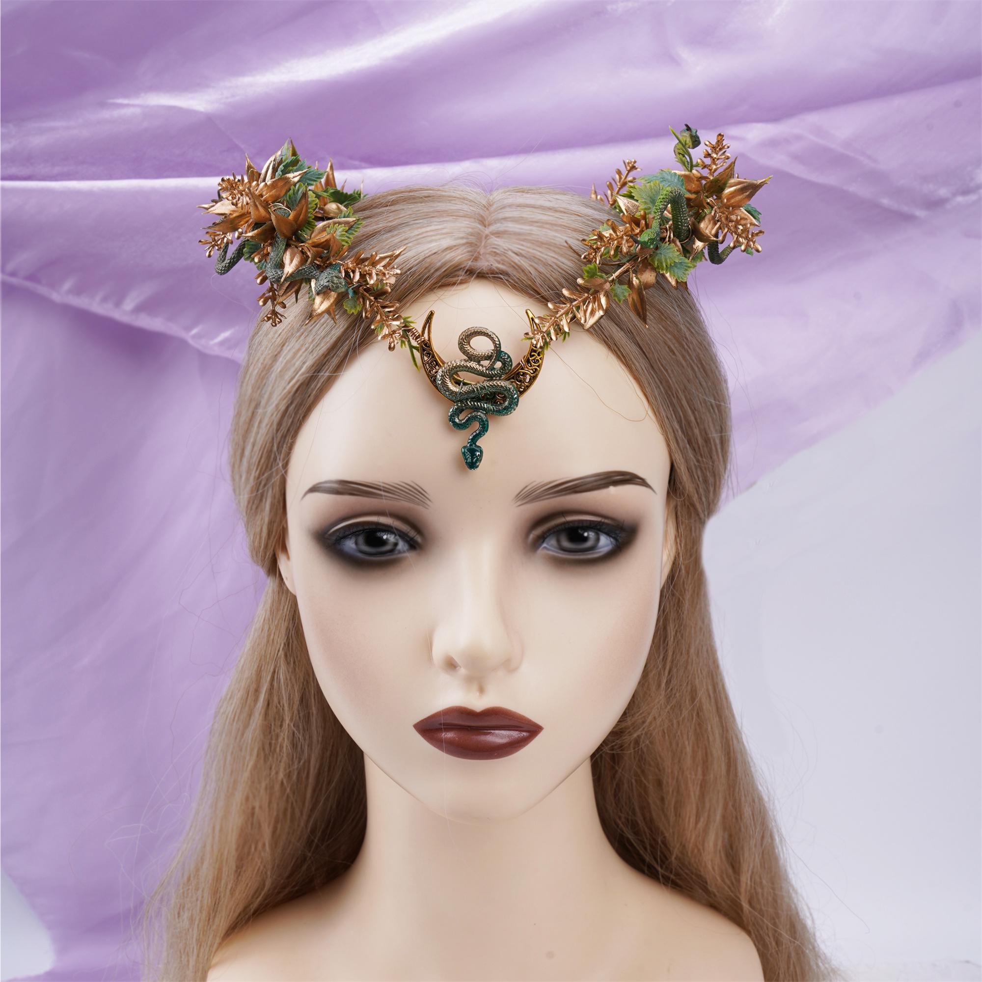 Medusa Snake Crown: Gothic Gold Moon, Green Leaf Tiara - Etsy