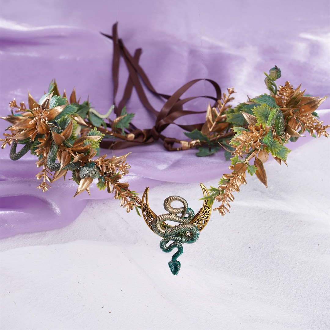 Medusa Snake Crown: Gothic Gold Moon, Green Leaf Tiara - Etsy