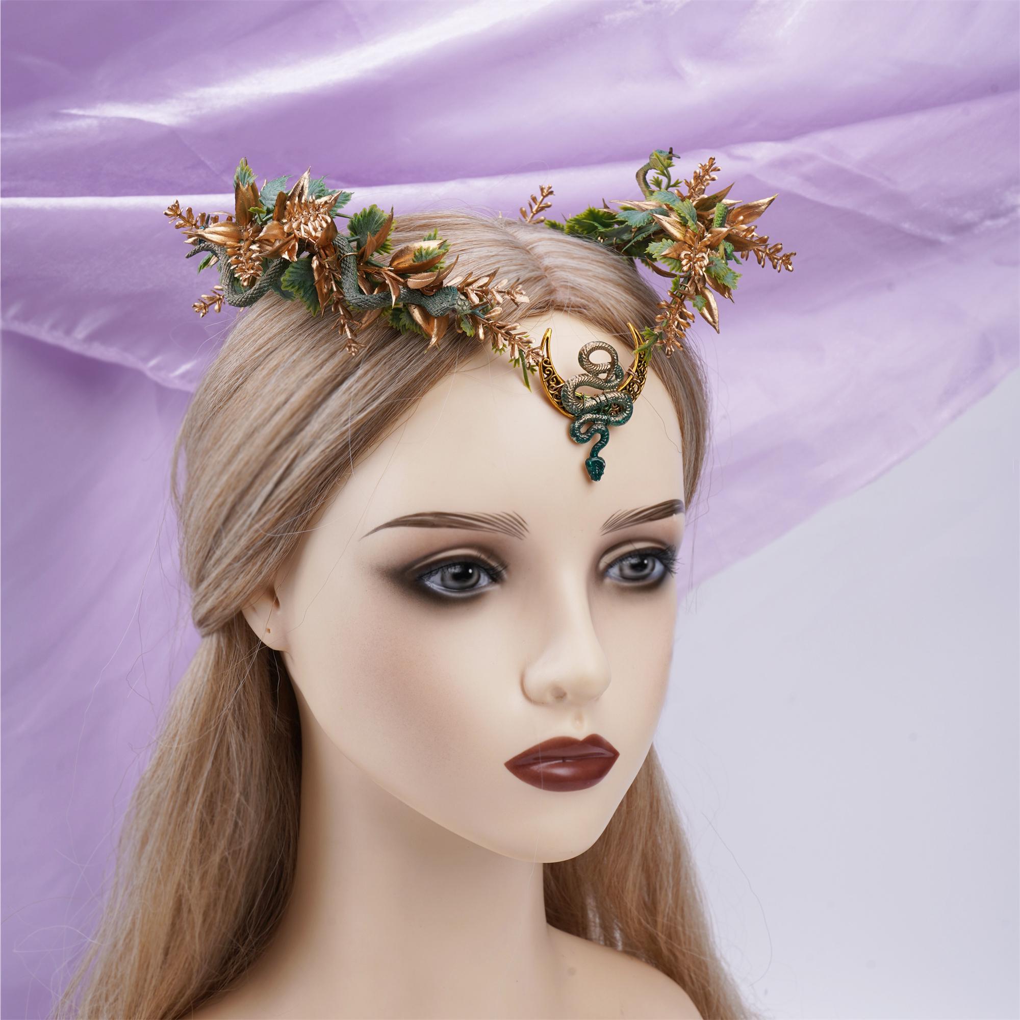 Medusa Snake Crown: Gothic Gold Moon, Green Leaf Tiara - Etsy