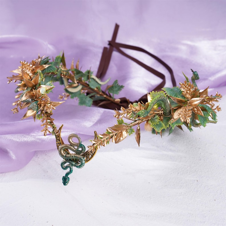 Medusa Snake Crown: Gothic Gold Moon, Green Leaf Tiara - Etsy
