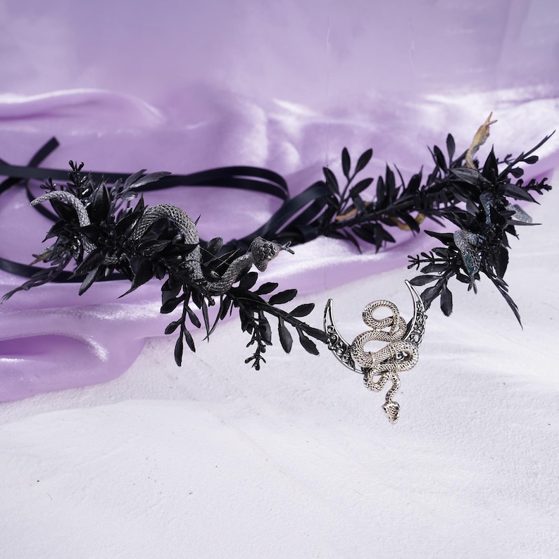 Medusa Snake Fairy Crown, Gothic Moon Silver Black Leaf Dark Witch ...