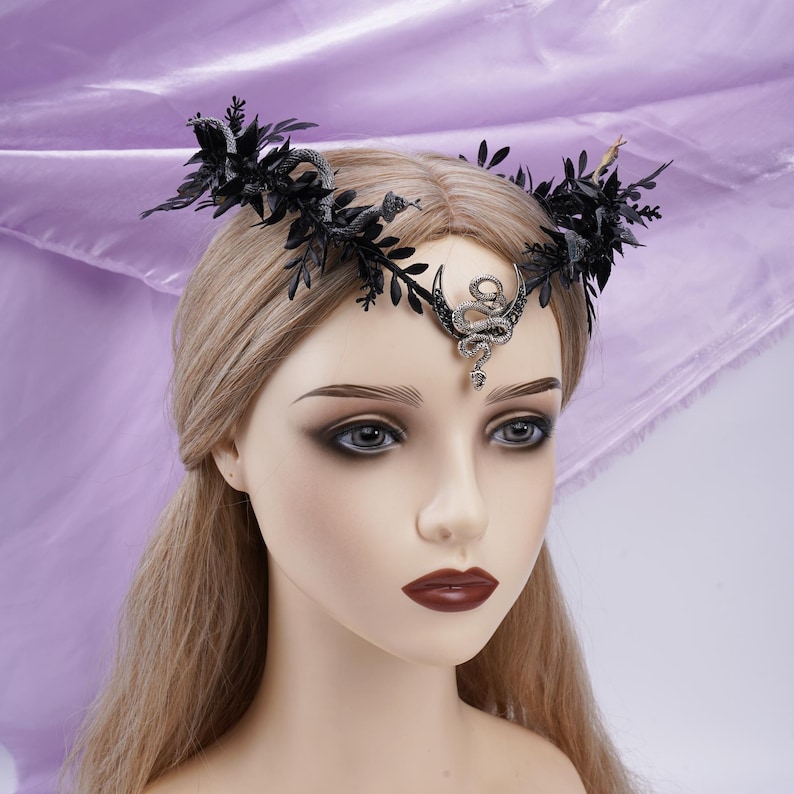 Medusa Snake Fairy Crown, Gothic Moon Silver Black Leaf Dark Witch ...