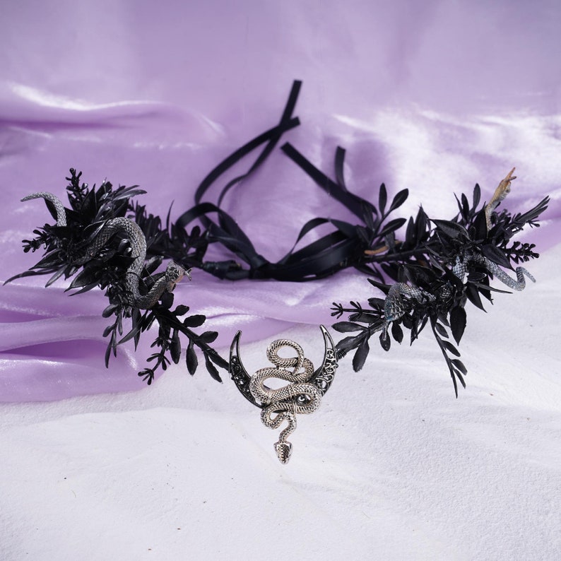 Medusa Snake Fairy Crown, Gothic Moon Silver Black Leaf Dark Witch ...