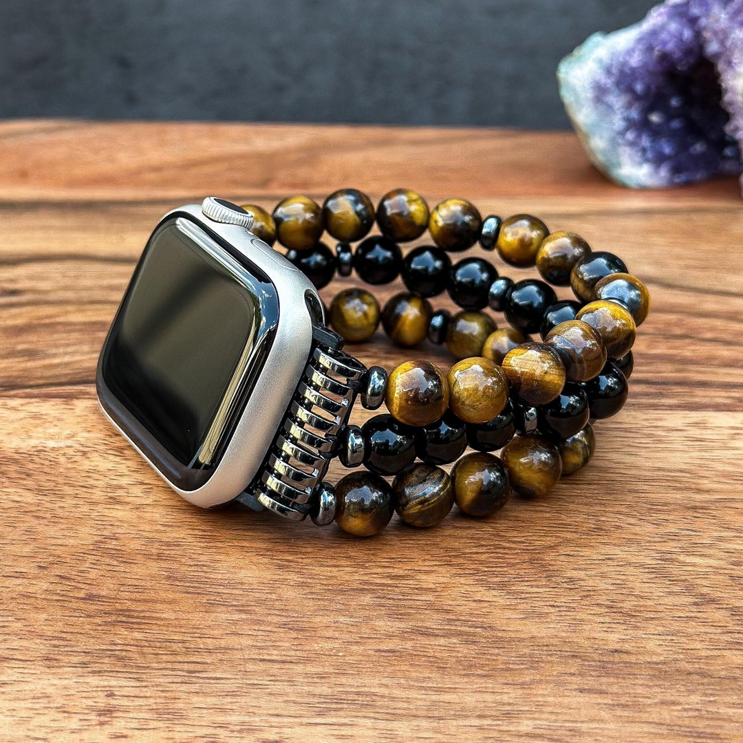 Apple Watch Beaded Watch Strap With Brown Tiger Eye and Black Onyx ...