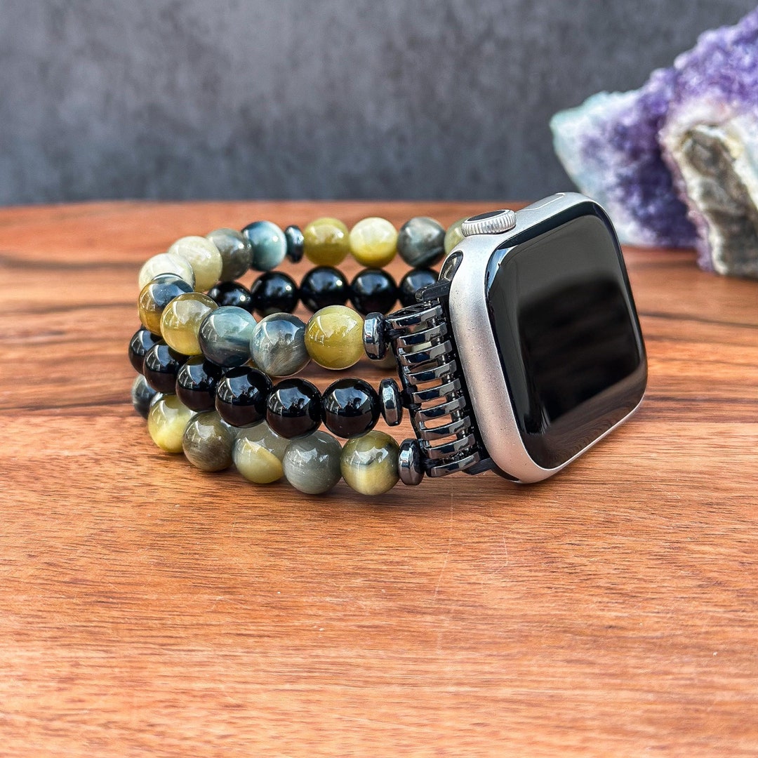 Apple Watch Beaded Watch Strap With Yellow-blue Tiger Eye and Black ...